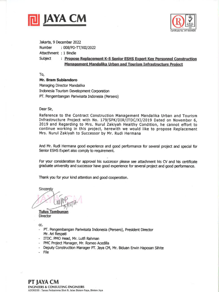 Letter PT. Jaya CM No. 008 - Propose Replacement K-5 Senior HSE Expert ...