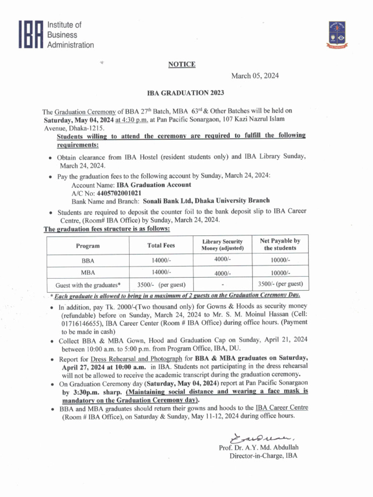 IBA Graduation Notice 2023 (BBA & MBA) | PDF