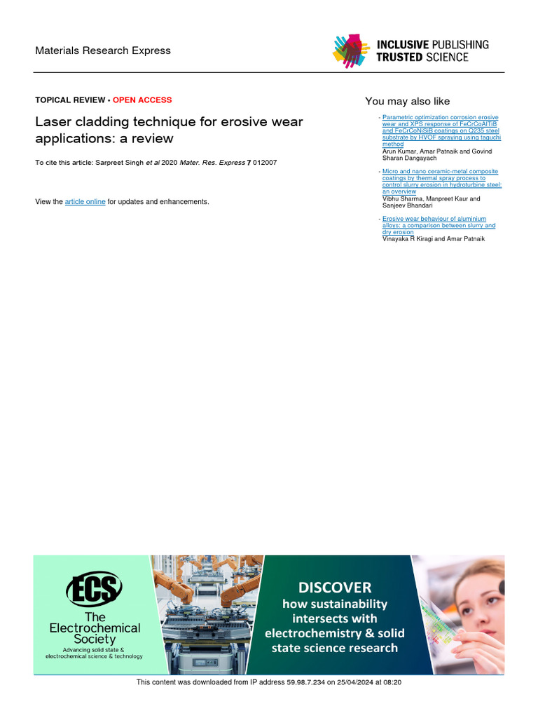 Laser Cladding Tech For Erosive Wear Protection | PDF | Wear ...