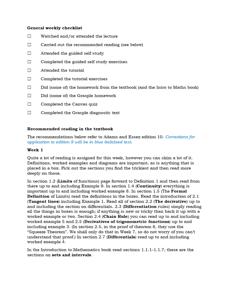 Weekly Checklist and Recommended Reading | PDF | Equations | Limit ...