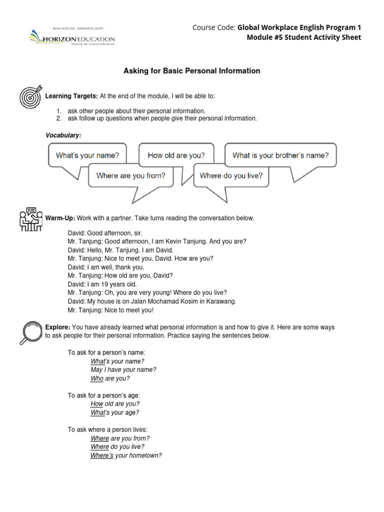 2023 GWEP 1 Module 05 TG - Asking For Basic Personal Information | PDF ...