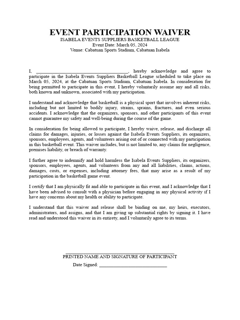 Event Participation Waiver | PDF | Sports & Recreation | Law