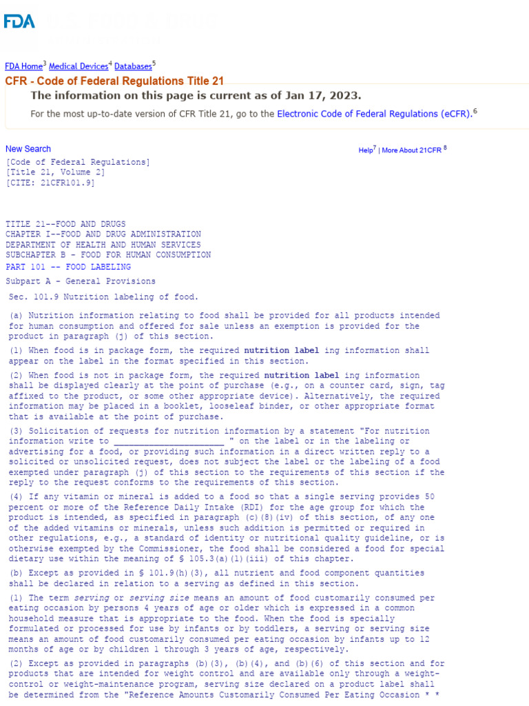 CFR - Code of Federal Regulations Title 21 | PDF | Food Energy | Fat