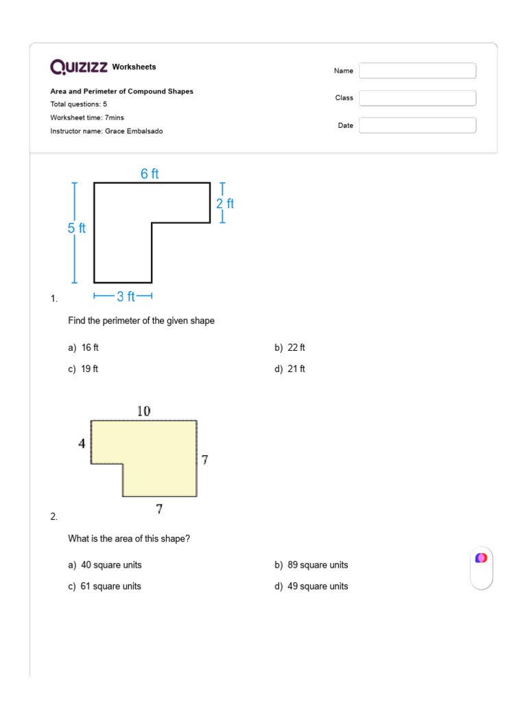 Area and Perimeter of Compound Shapes - Quizizz | PDF