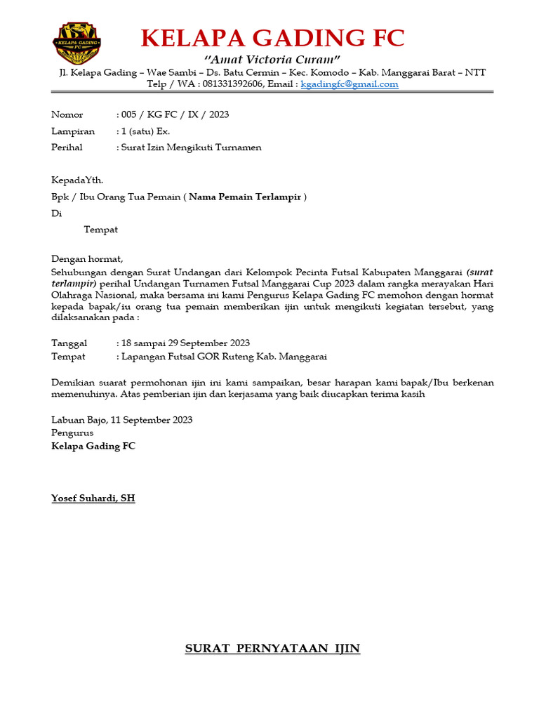 Surat Ke Ortu Pemain Seleksi Pra Pon | PDF