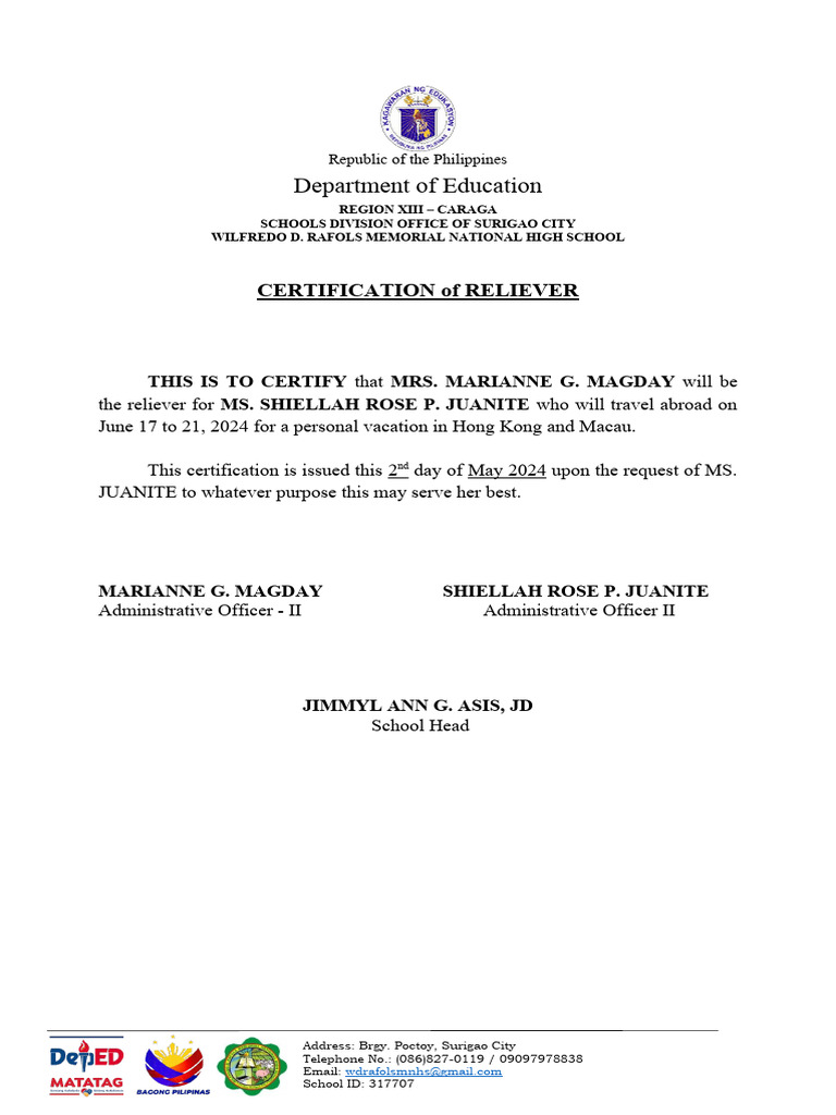 Certificate-of-Reliever - Travel - Juanite | PDF