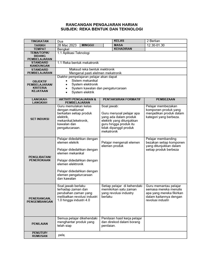 RANCANGAN PENGAJARAN HARIAN 3z mek 2 | PDF