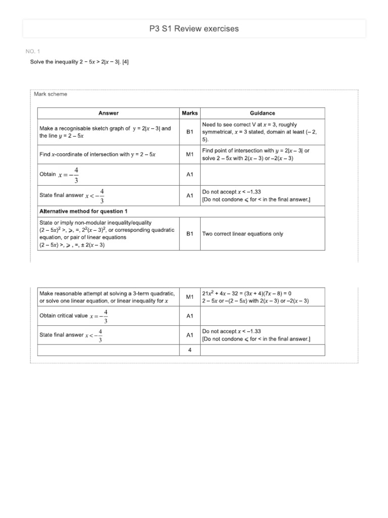 P3 S1 Review Exercises MS | PDF