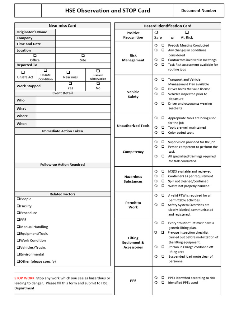 HSE Observation and STOP Card Guide | PDF | Personal Protective ...