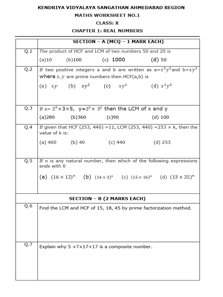 MATHS CH 1 REAL NUMBERS WORKSHEET NO.1 CLASS 10 FINAL | Download Free ...