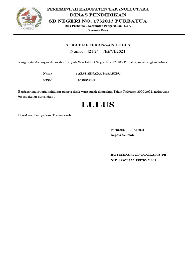 Surat Keterangan Lulus SD Purbatua 2021 | PDF