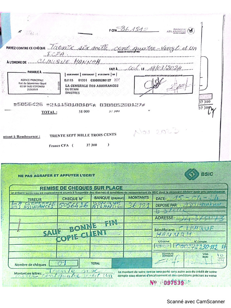 bordereaux de remise de chèques de la Clinique HANNAH | PDF