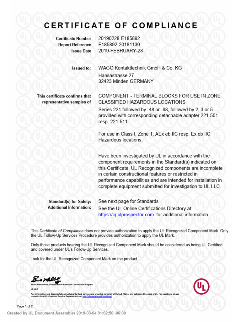Certificate of Compliance: Certificate Number Report Reference Issue ...