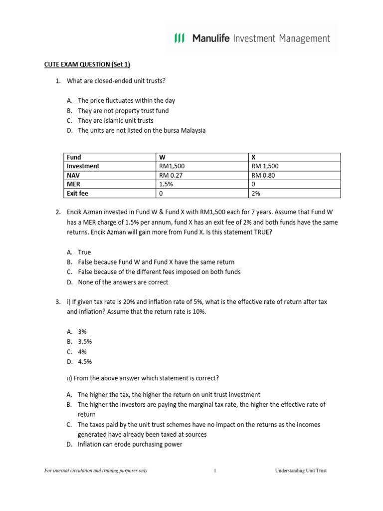 CUTE Mock Exam Questions Set 1 2 | PDF | Investment Fund | Investing