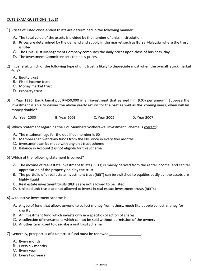 CUTE Exam Questions Set 3 | PDF | Investment Fund | Investing