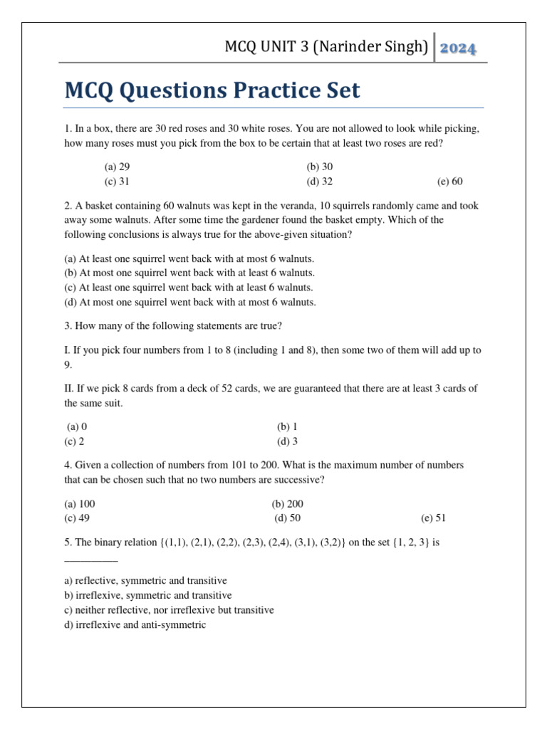 MCQ Practice Set for Unit 3 | PDF | Mathematical Relations ...