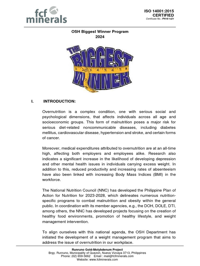 Program Proposal - OSH Biggest Winner Program | PDF | Obesity | Malnutrition