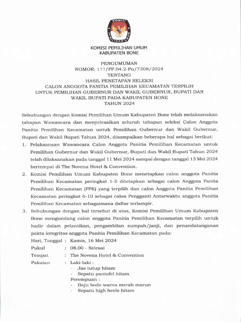 177 - Pengumuman Hasil Penetapan Seleksi Calon Anggota PPK Pilkada Tahun 2024 | PDF