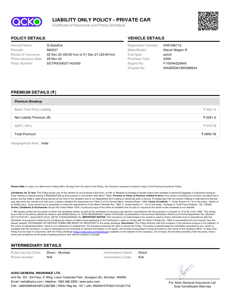Acko Car Policy - DCTR00345271423 - 00 | PDF | Insurance | Car
