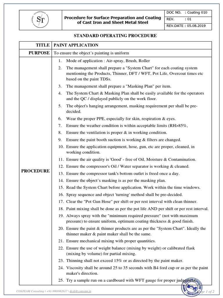 SOP Coating Application | Download Free PDF | Paint | Materials