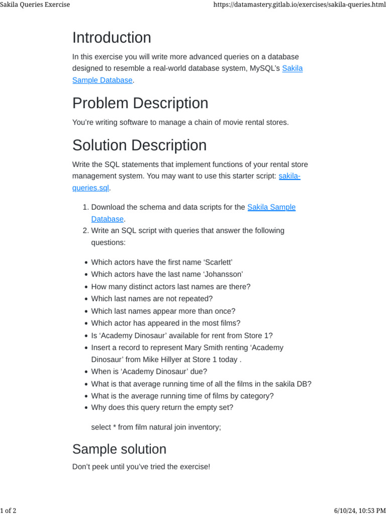 Sakila Queries Exercise | PDF | Databases | Sql Sakila Queries Exercise | PDF | Databases | Sql