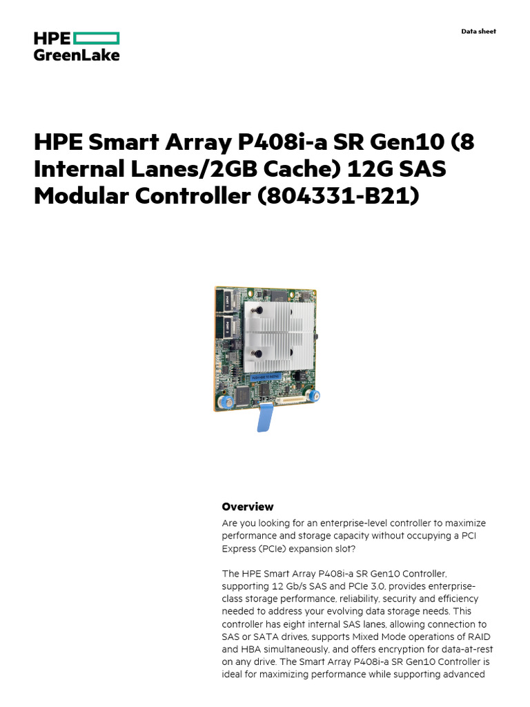 HPE Smart Array P408i-A SR Gen10 (8 Internal Lanes2GB Cache) 12G SAS ...