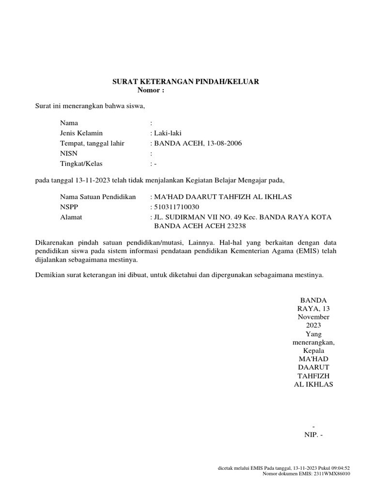 Mutasi Keluar - Surat Keterangan - M SYAQI DIBRAN P | PDF Mutasi Keluar - Surat Keterangan - M SYAQI DIBRAN P | PDF