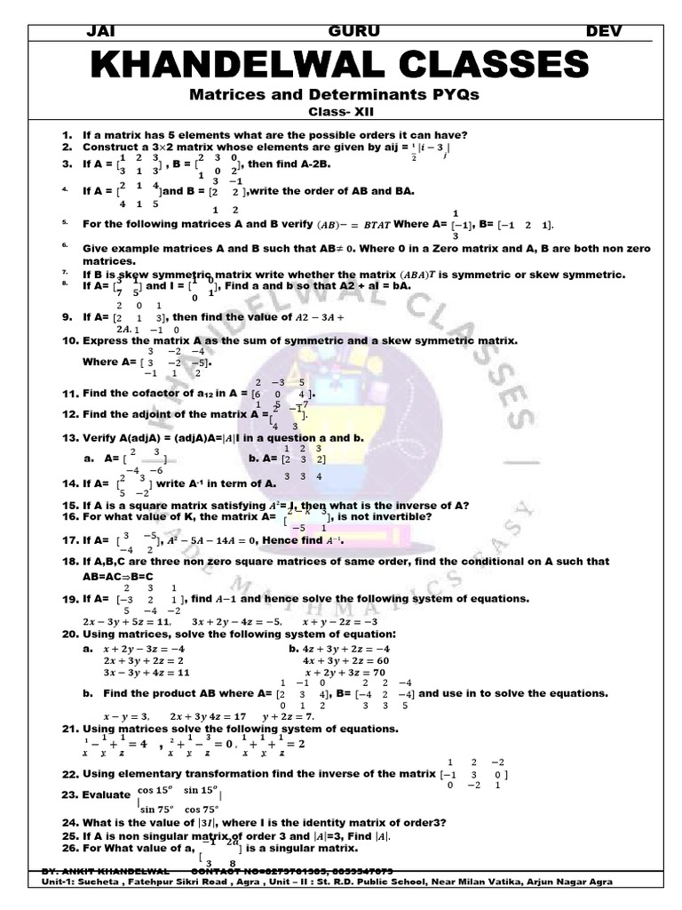 25 07 2023 Matrix And Determinants Pdf Matrix Mathematics Mathematical Analysis