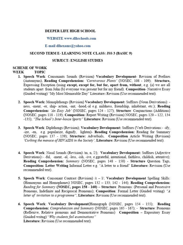 Jss3 2nd Term English Lang. | PDF | Poetry | Adverb