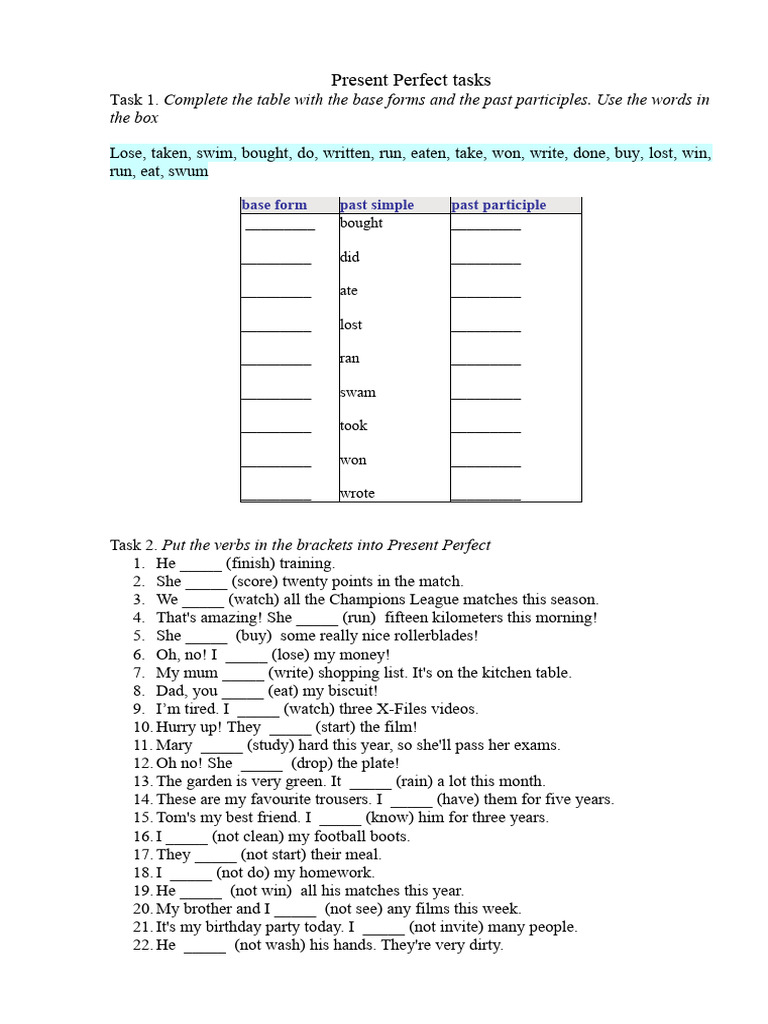 Present Perfect Tasks | PDF | Perfect (Grammar) | Linguistic Morphology