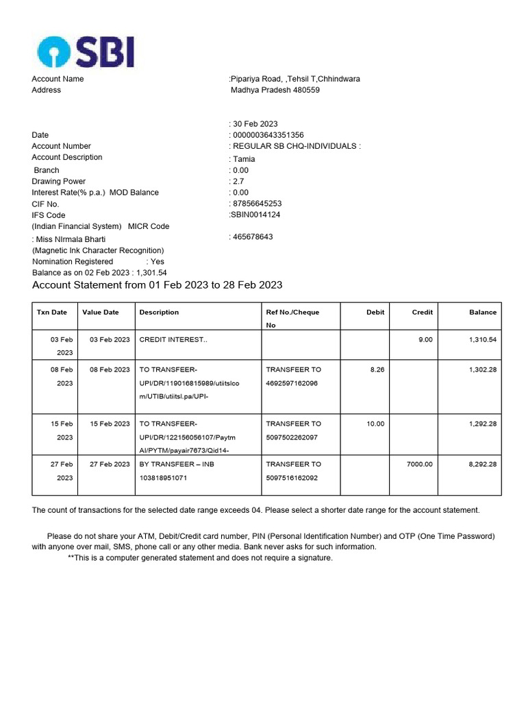 Account Statement From 01 Feb 2023 To 28 Feb 2023: TXN Date Value Date Description Ref No ...