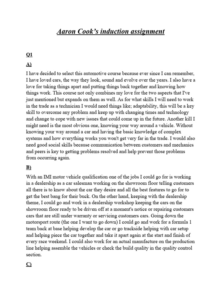Aaron Cook's Induction Assignment | Download Free PDF | Engines | Car