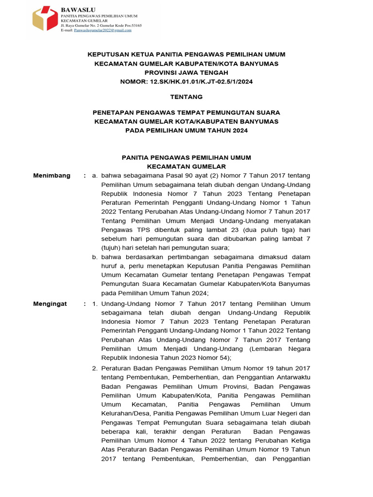 Penetapan Pengawas TPS Banyumas 2024 | PDF