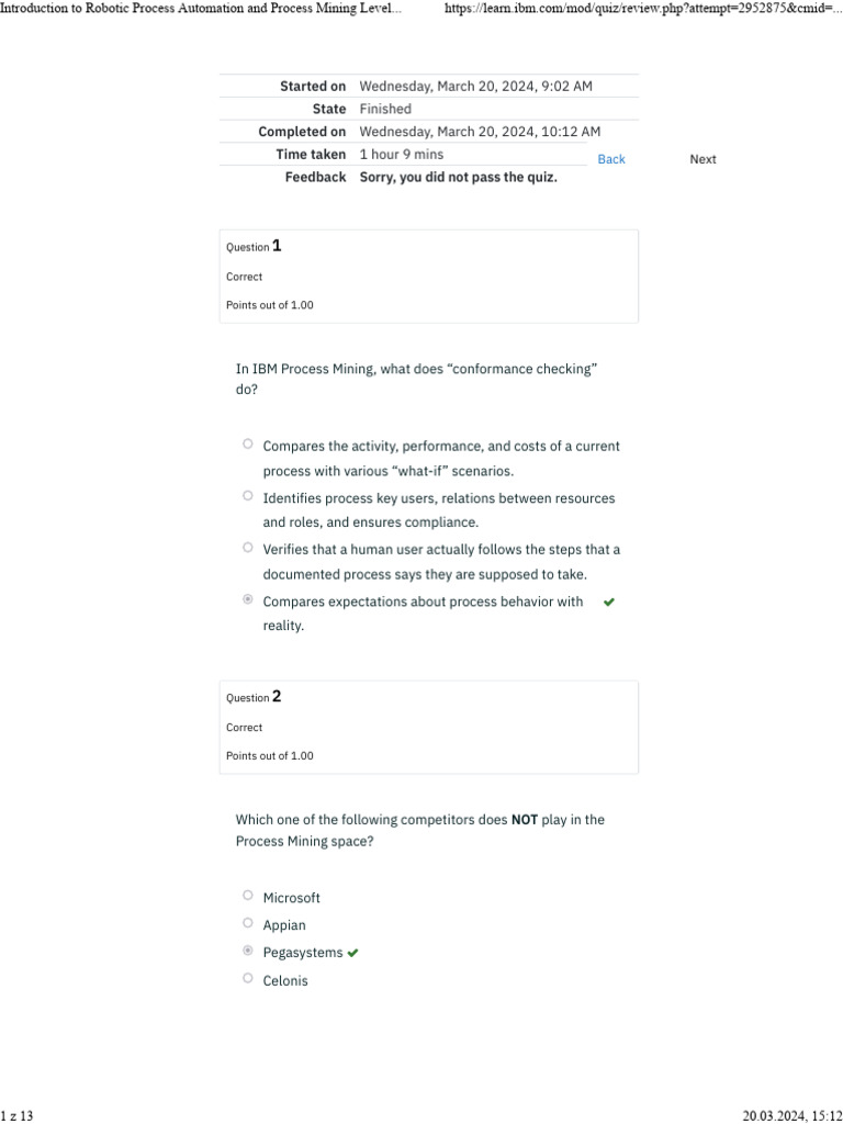 Introduction to Robotic Process Automation and Process Mining Level 2 Quiz Attempt review3 | PDF ...