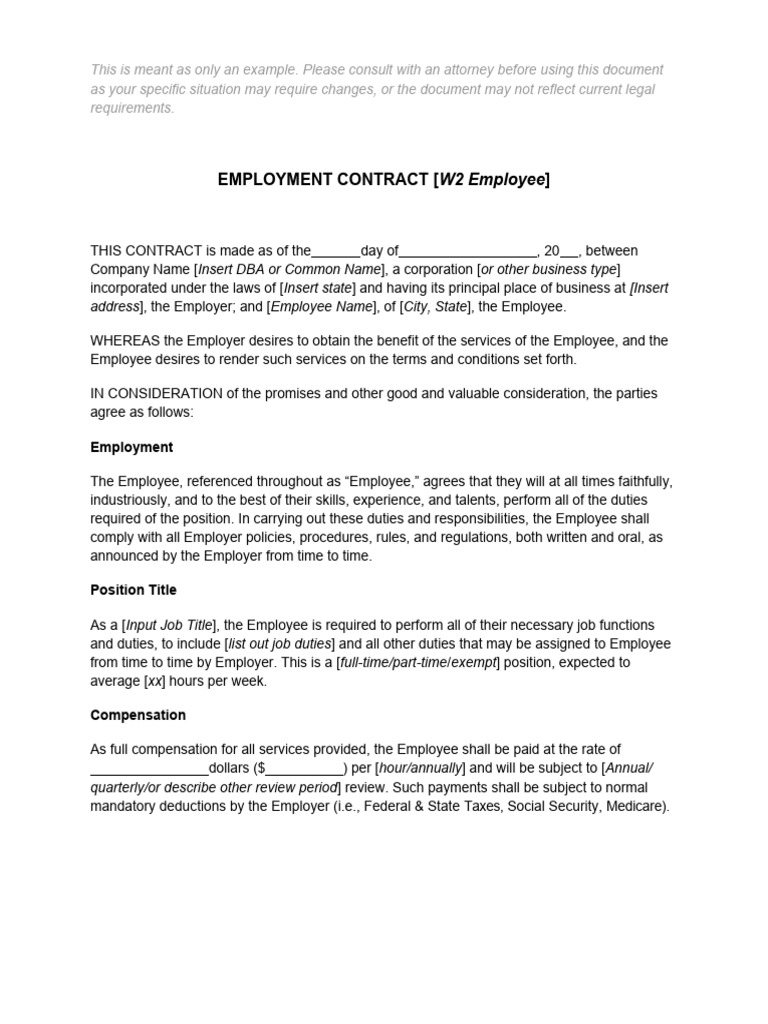 W2 Employee Contract Template | PDF | Employment | At Will Employment