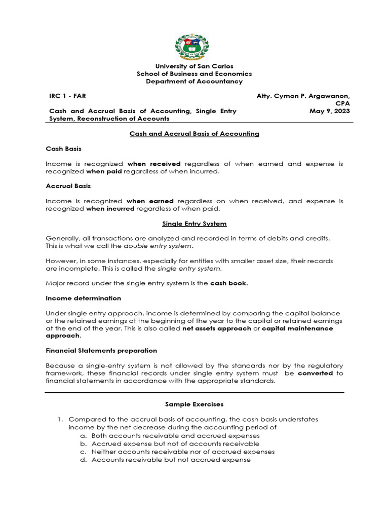 IRC 1 Cash and Accrual Basis Single Entry | Download Free PDF | Accrual ...