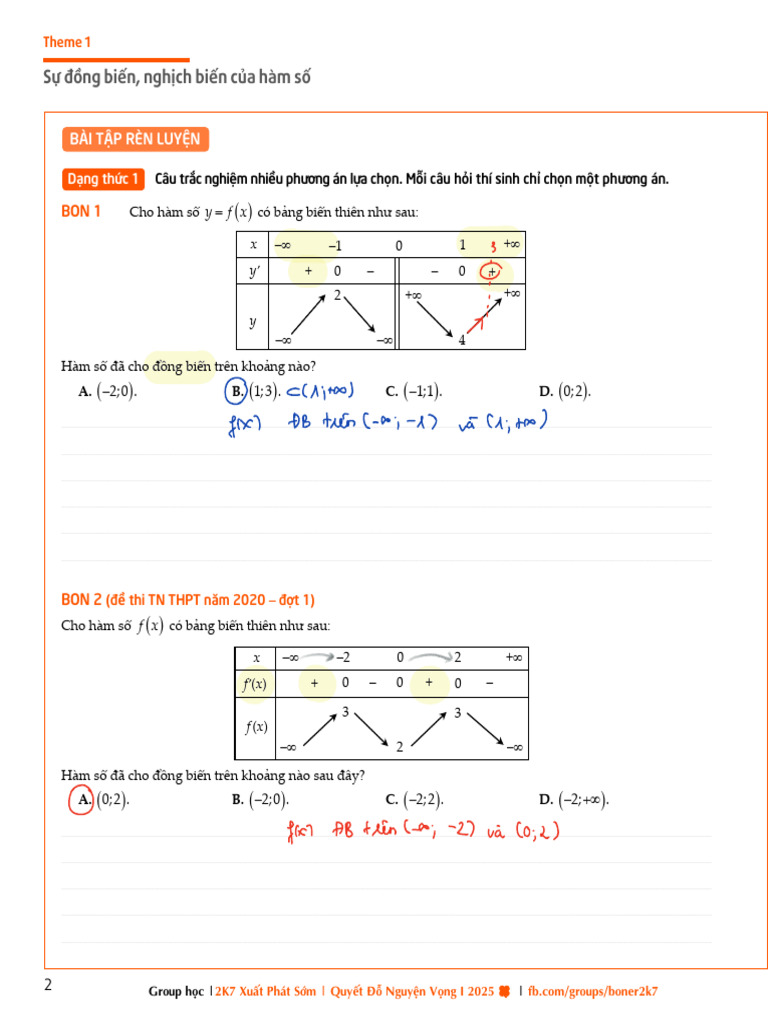 1. BTRL Theme 1. Sự đồng biến nghịch biến của hàm số (handout) | PDF