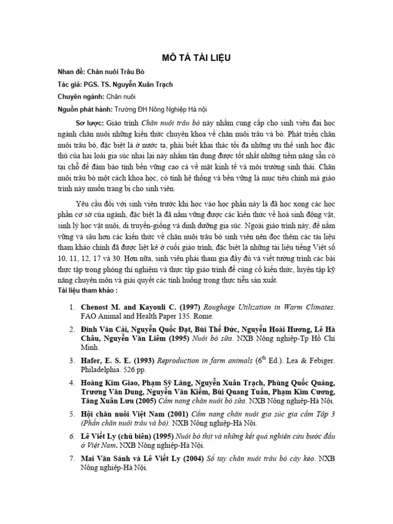 Giáo Trình Chăn Nuôi Trâu Bò (ĐH Nông Nghiệp I HN) - Tài Liệu Tham Khảo - 174430 | PDF