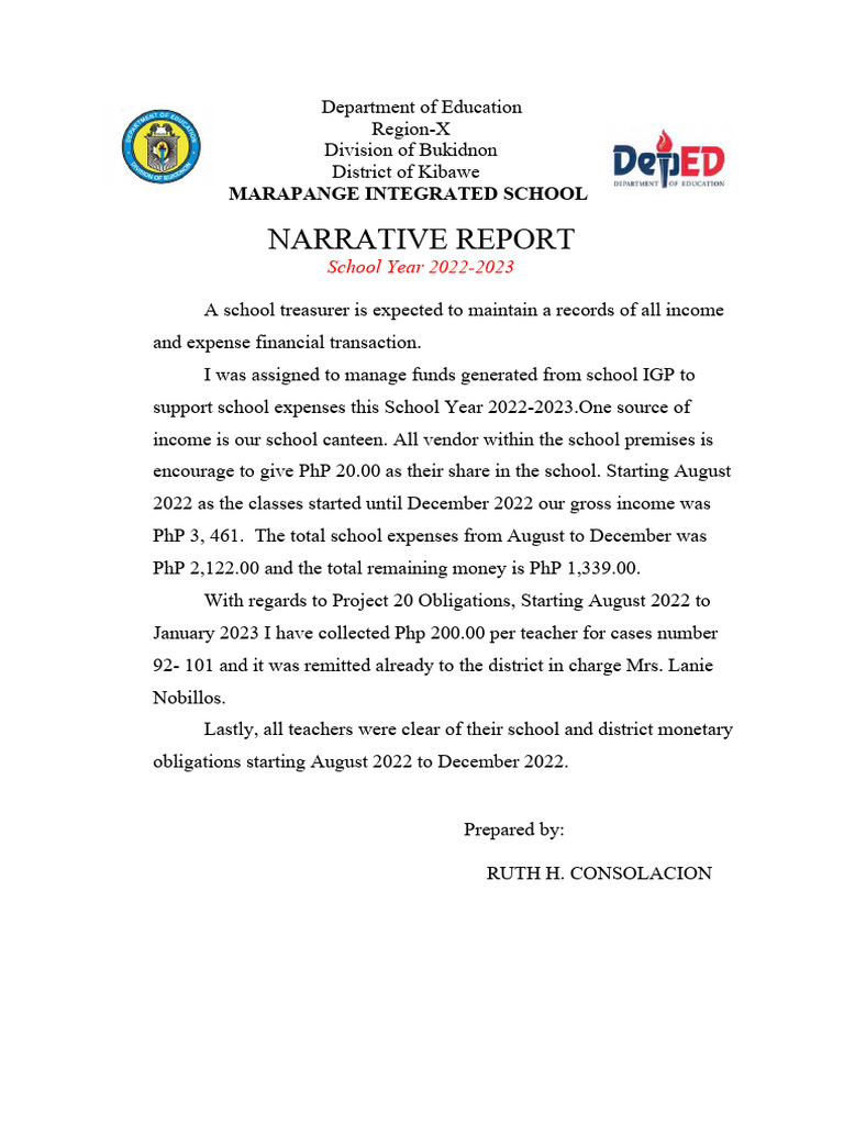 Accomplishment Narrative Report RUTH School Treasurer | PDF | Money