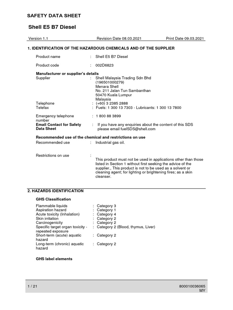 Shell E5 B7 Diesel Safety Data Sheet | PDF | Personal Protective Equipment
