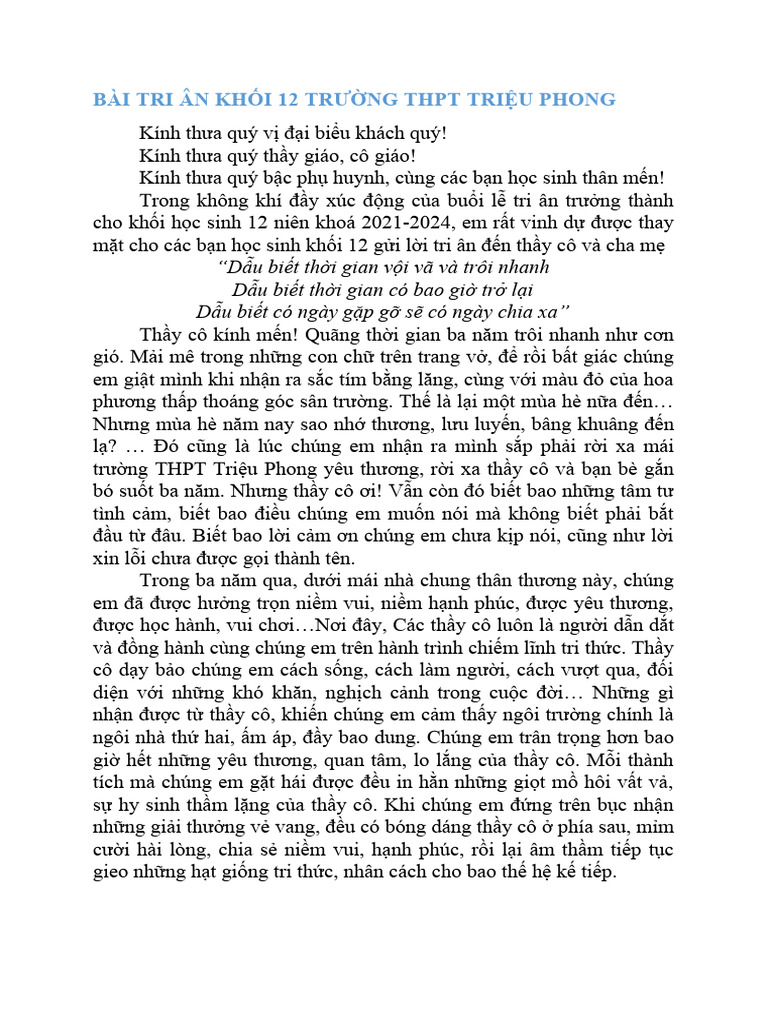 BÀI PHÁT BIỂU TRI ÂN CUỐI CẤP K12 (ĐÃ SỬA) | PDF