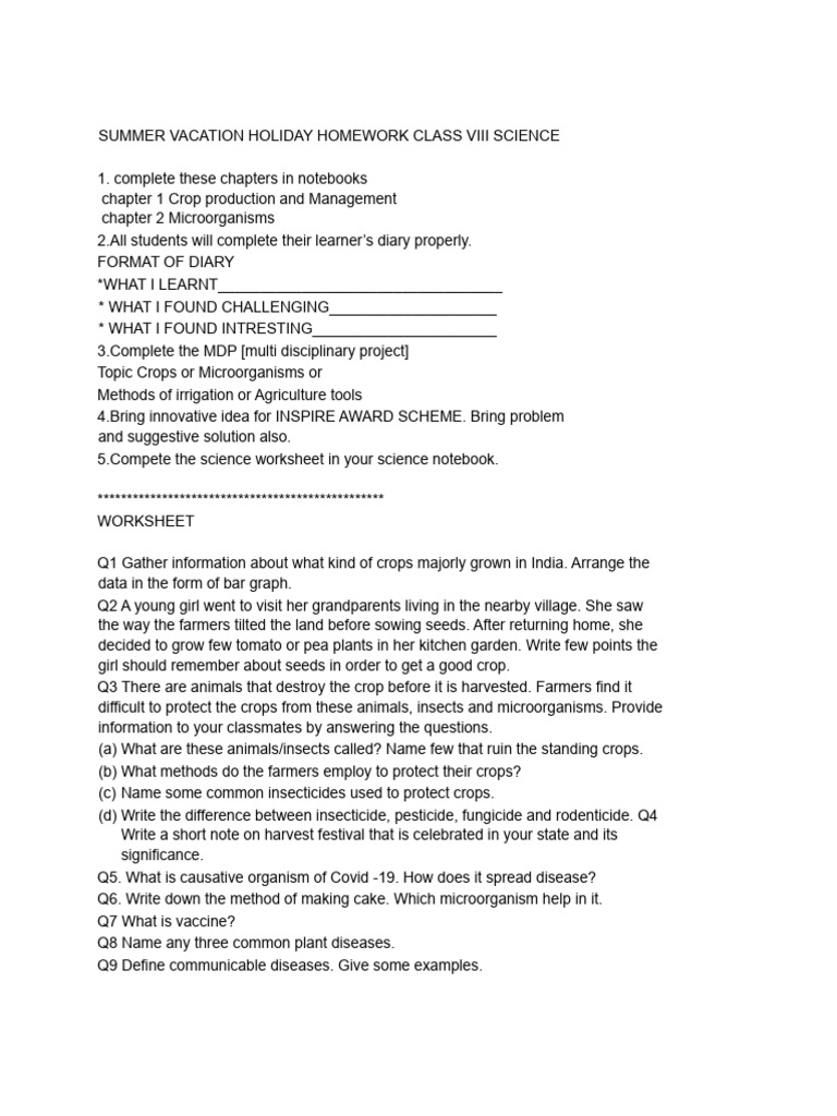 8th Class Science Summer Vacation Homework | PDF | Agriculture | Biology
