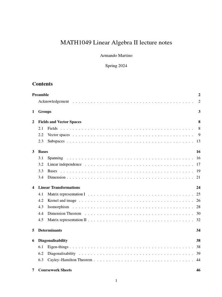 Linear Algebra II - Lectnotes | PDF | Group (Mathematics) | Linear Subspace