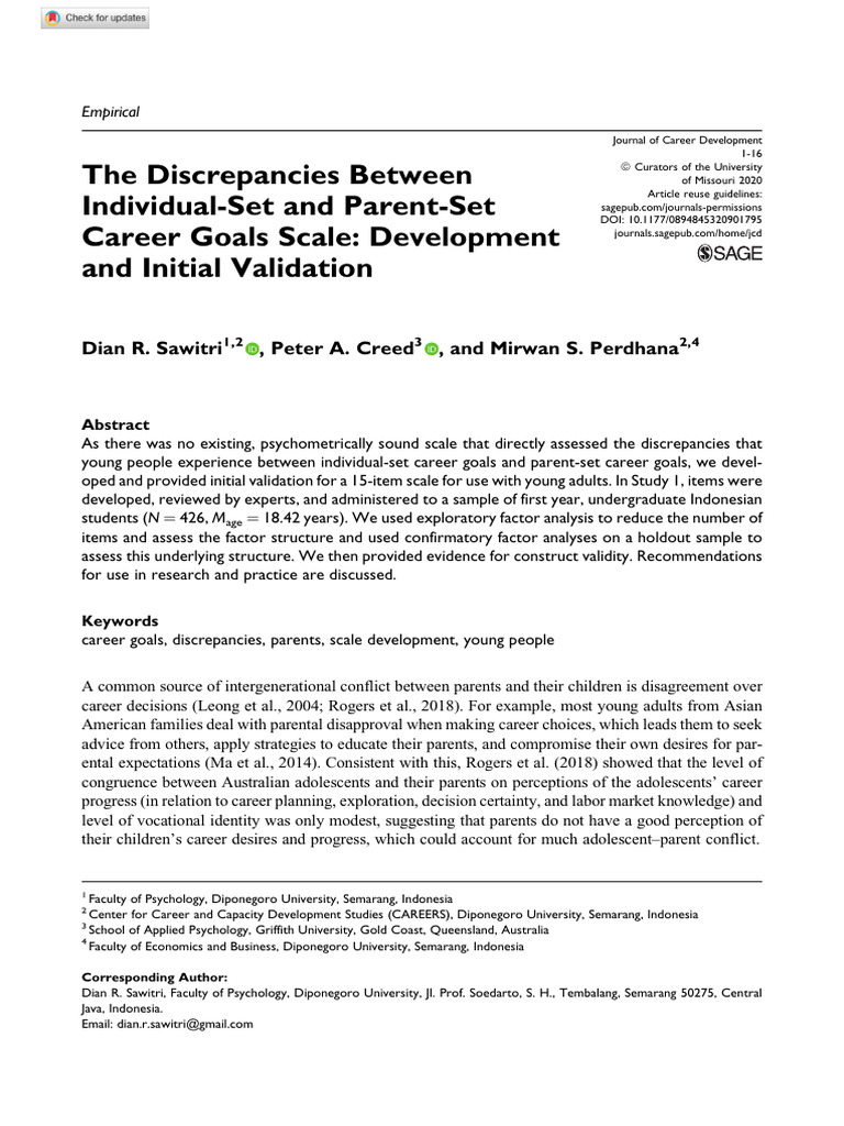 Y1. The Discrepancies Between Individual-Set (Sawitri, Creed, & Perdhana, 2020, JCD) | PDF ...