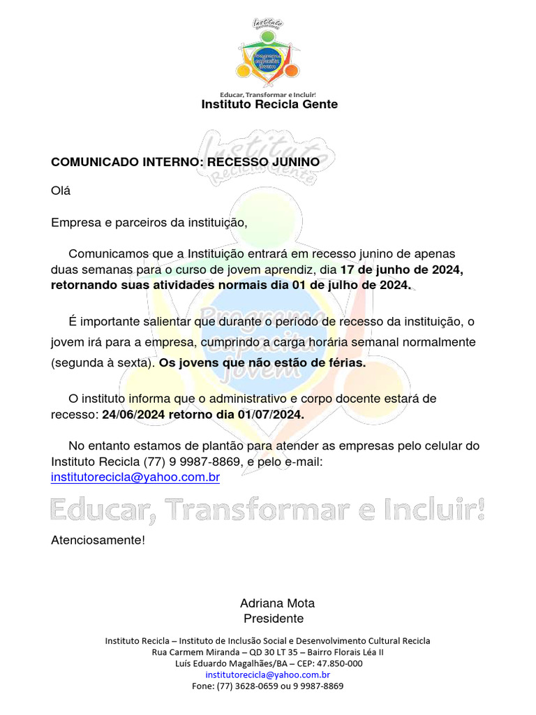 Comunicado Interno Recesso Junino-2024 | PDF