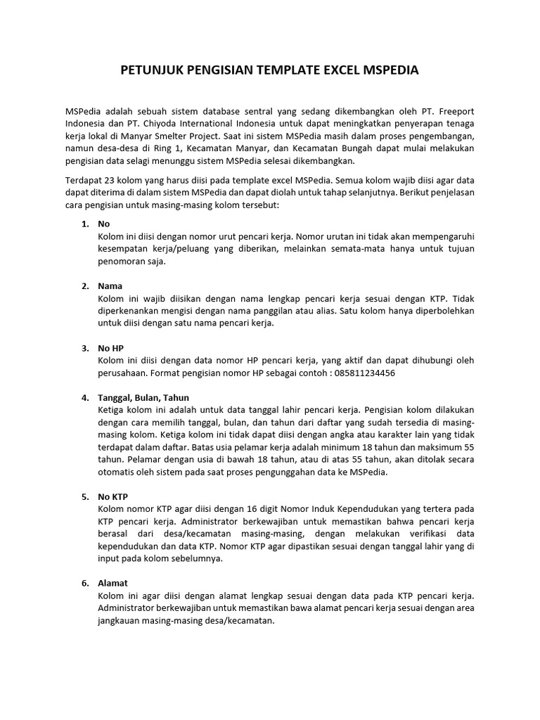 Petunjuk Pengisian Template Excel Mspedia | PDF