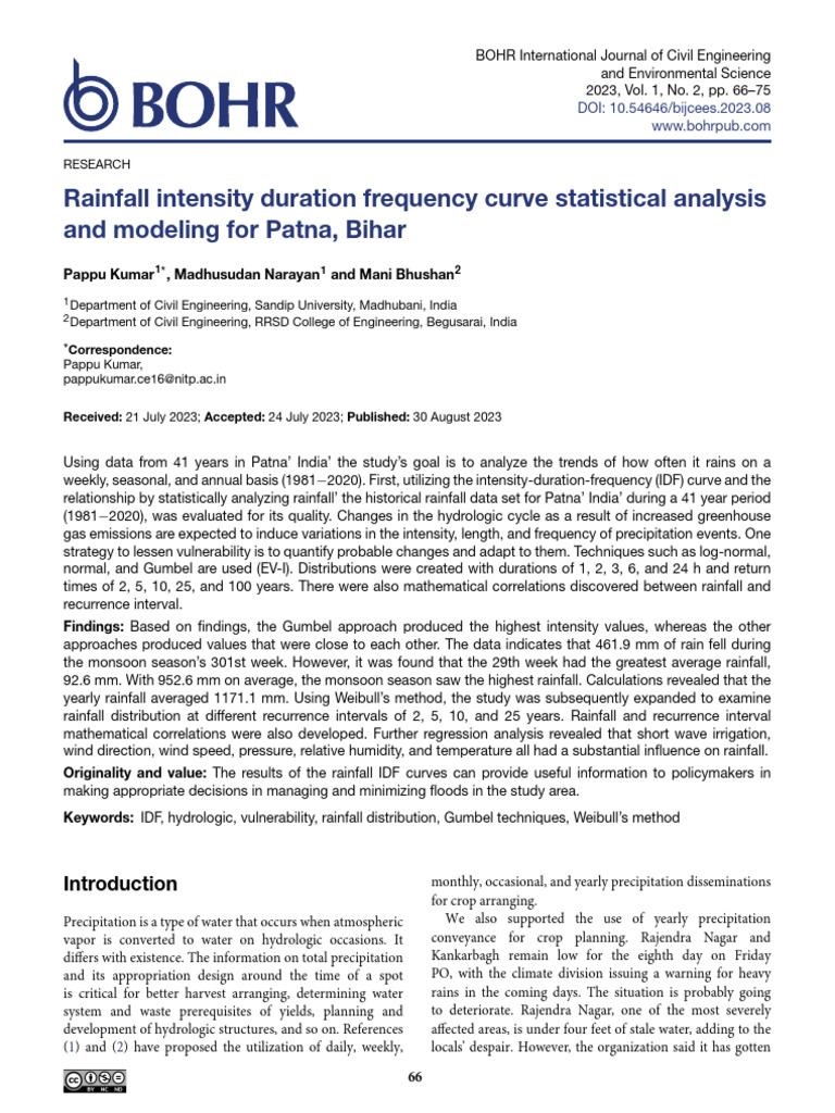 Rainfall Intensity Duration Frequency Curve Statistical Analysis and Modeling For Patna, Bihar ...