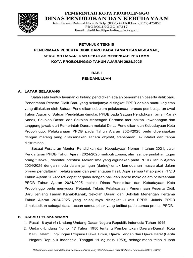 Juknis PPDB TK SD SMP Kota Prob 2425 | PDF