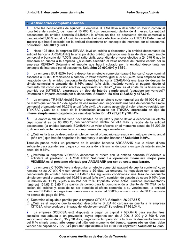 Actividades Complementarias Ud 8 El Descuento Comercial Simple 2 | Descargar gratis PDF | Bancos ...
