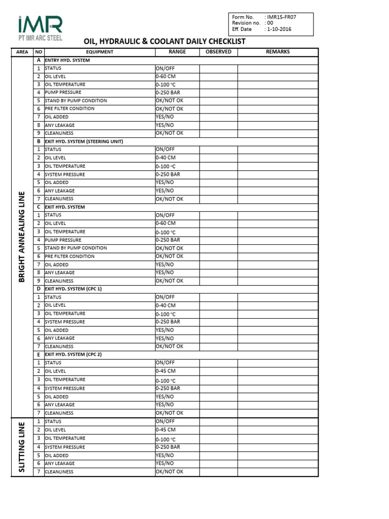 (IMR15-FR07) OIL HYD COOLANT DAILY CHECKLIST (Dicetak Kertas Buram, Rangkap 1, Potrait, 1 Rim ...